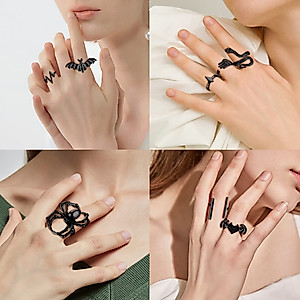 Sanfenly Silver Black Gothic Rings for Women Men Cool Butterfly Chain Snake Bat Spider Claw Punk Rings Pack Adjustable Big Thick Chunky Rings Alt Emo Y2k Rings Set Open Knuckle Stacking Rings Gothic