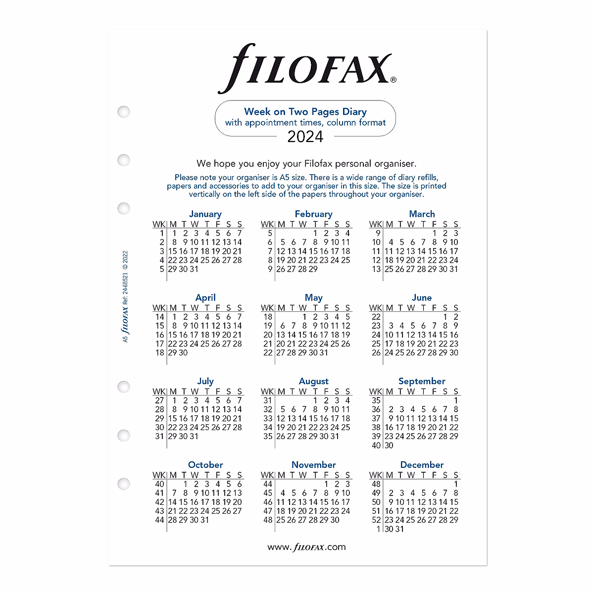 Filofax Calendar Diary Refill, A5 Size, Week-to-View with Appointments, Vertical, Multi-Fit, White Paper, English, 2024 (C68521M-24)