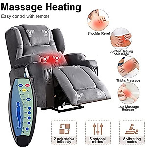 SAMERY Power Recliner Chair with Massage and Heat Velvet Electric Reclining Ergonomic Lounge Sofa Lift Chair for Elderly/Adult/Pregnant with USB Port, Pockets & Lumbar Pillow Living Room