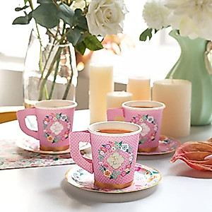 DECORLIFE Disposable Tea Cups Serves 24, 7oz Paper Tea Cups with 5" Saucers, Floral Teacups with Handle for Tea Party Birthday Baby Shower Wedding, Total 48PCS