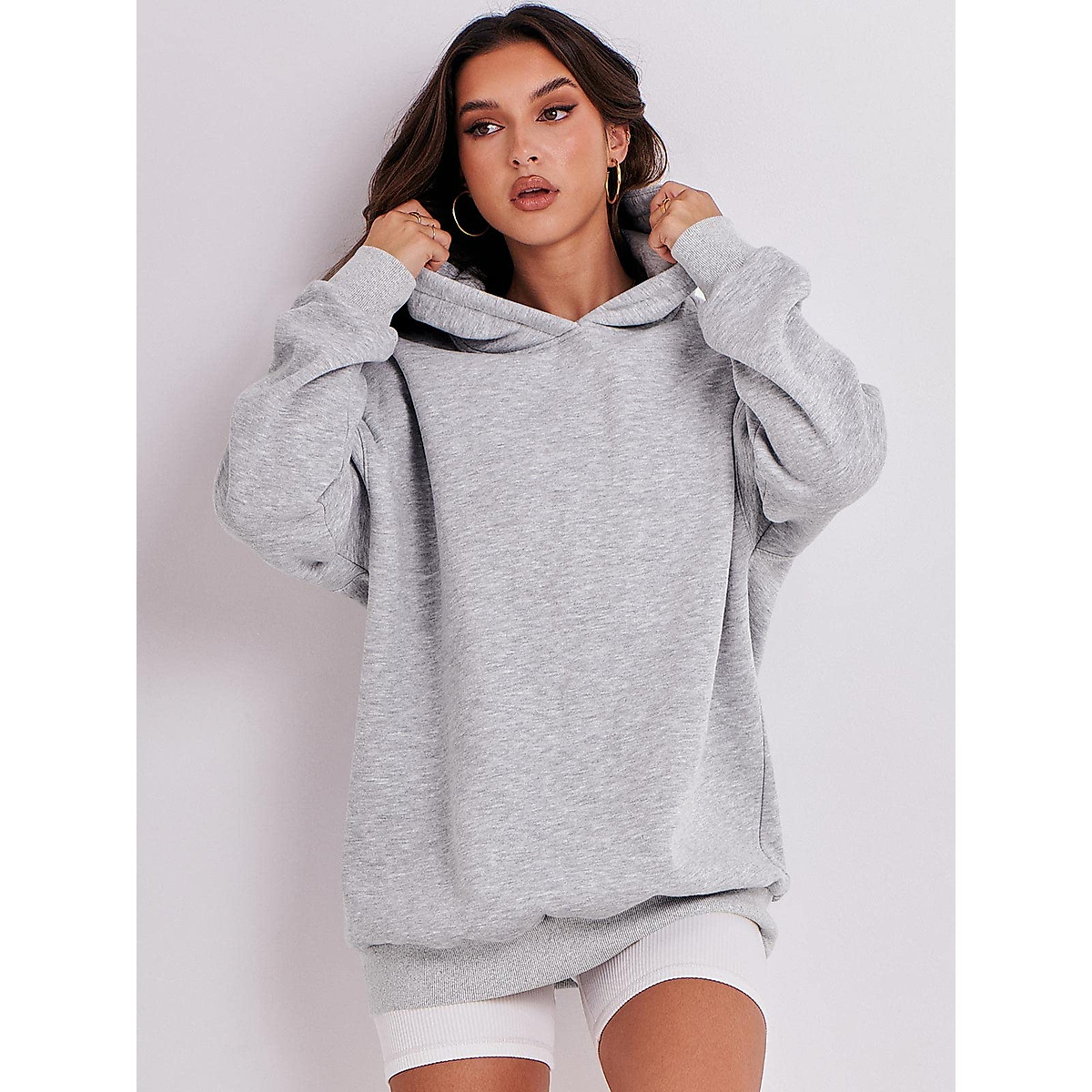 ANRABESS Women's Oversized Hoodies Long Sleeve Fleece Sweatshirts Solid Casual Hooded Pullover Loose Lightweight Fall Tops Clothes Grey A1023qianhuahui-L