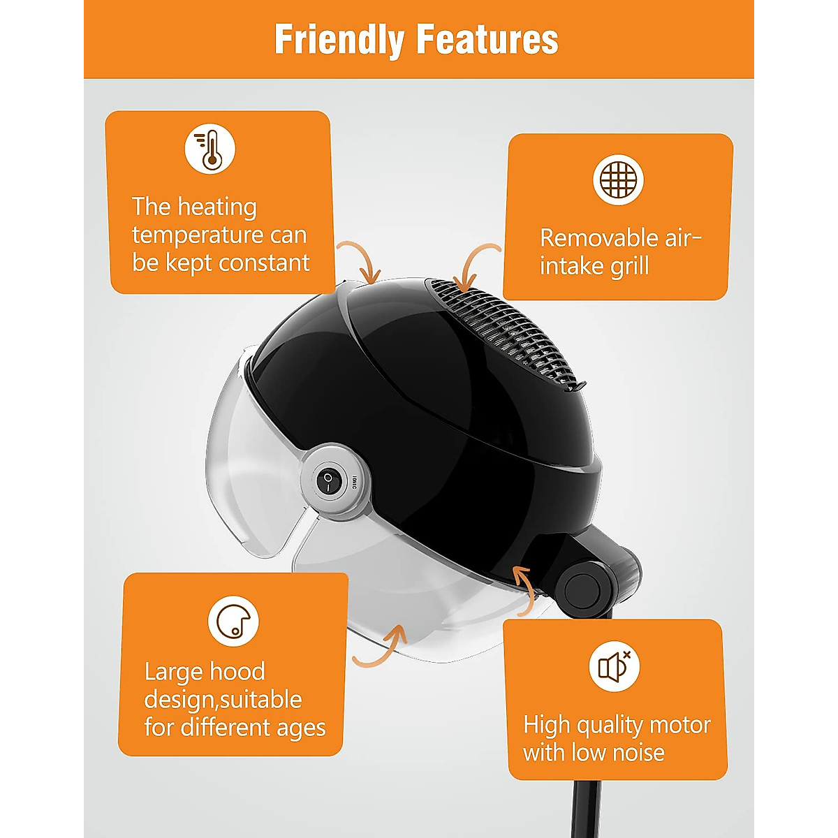 COLLIFORD Ionic Hooded Hair Dryer, 1875W Professional Height Adjustable Standing Hair Dryer Bonnet with 3 Temperature Settings, Portable Salon Dryer with Rolling Wheels for Home & Hairstylist