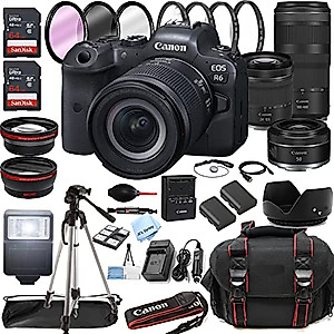 Canon EOS R6 Mirrorless Digital Camera with RF 24-105mm f/4-7.1 STM Lens + RF 100-400mm is USM Lens + 50mm f/1.8 STM Lens + 128GB Memory + Case + Tripod + Filters (43pc Bundle) (Renewed)