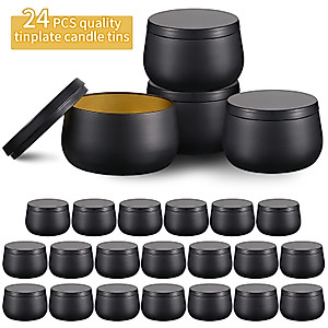 Candle Tin with Lids Candle Jars Portable Round Candle Tin Container Large Candle Metal Tin with 24 Thank You Sticker for DIY Bulk Candle Making Kitchen Candy 24 Pieces 8 oz (Black)