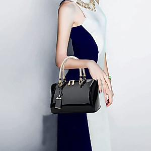 XingChen Shiny Patent Women Faux Leather Handbags Crossbody Bag Top Handle Purse Satchel Bag Shoulder Bag(Black)