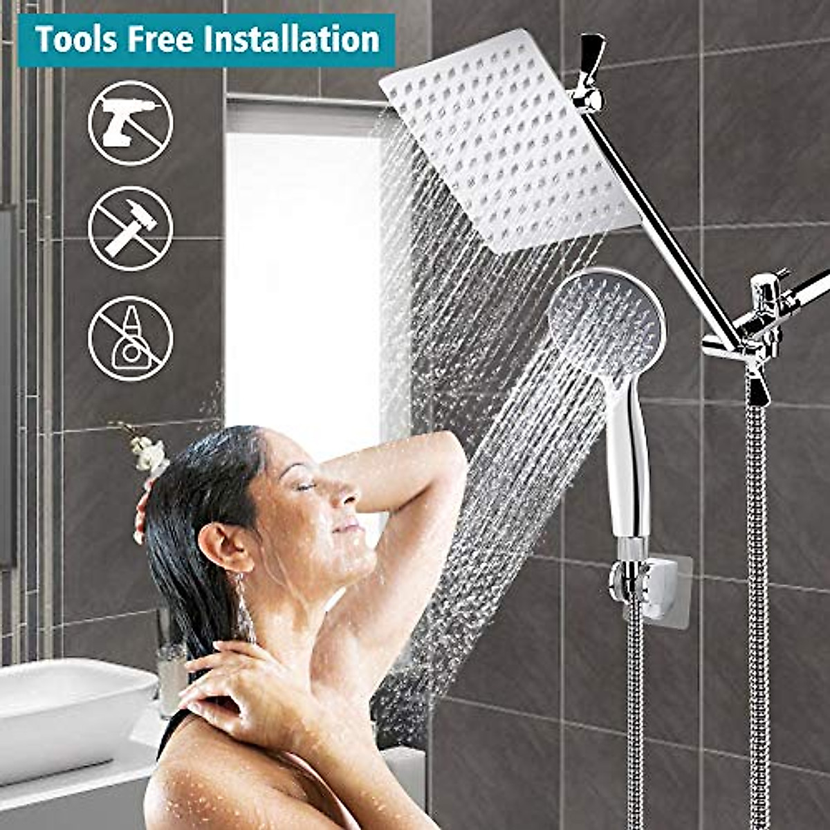 8'' High Pressure Rainfall Shower Head/Handheld Shower Combo with 11'' Extension Arm, Height/Angle Adjustable, Stainless Steel Bath Shower Head with Holder, 1.5M Hose, Chrome, 4 Hooks