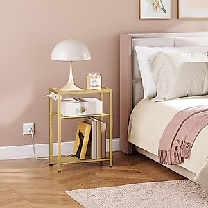 HOOBRO End Table with Charging Station, 3-Tier Side Table, Nightstand with USB Ports & Outlet, Sofa Table with Storage Shelves, Tempered Glass, Modern Style, for Living Room, Bedroom, Gold GD57UBZ01