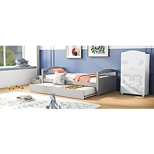 RITSU Twin Daybed Frame with Trundle, Wooden Day Bed for Living Room, Kids Twin Size Platform Bed with Headboard and Footboard for Boys Girls Teens, No Box Spring Needed,Twin Size,Grey