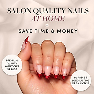 Glamnetic Press On Nails - Red Affair | Short Almond Red Glitter French Tip Nails with a Glossy Finish | 15 Sizes - 30 Nail Kit with Glue