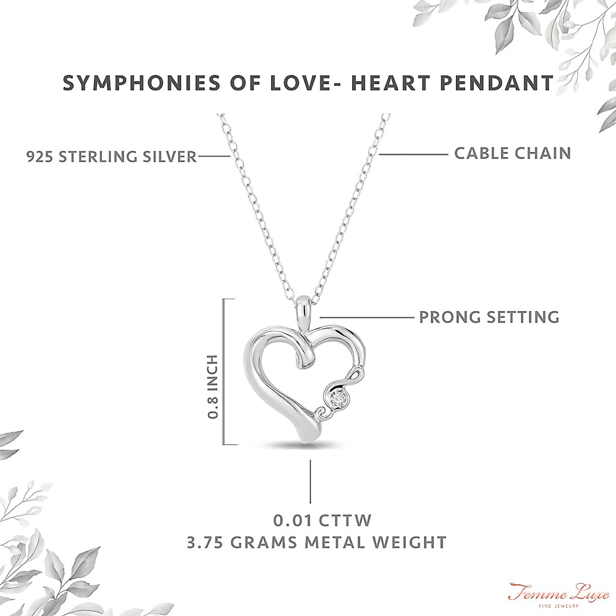 Femme Luxe Symphonies of Love - Open Heart Pendants With Treble Clef, Diamond Accent in 925 Sterling Silver, Hypoallergenic, Gift Ready Packaging (Symphony)