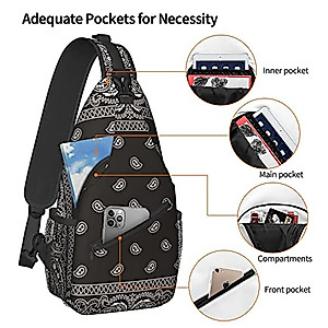 RIUARA Bandana Black Paisley Bandana Sling Bag Crossbody Chest Daypack Lightweight Canvas Backpack Shoulder Bag for Adult Travel Hiking