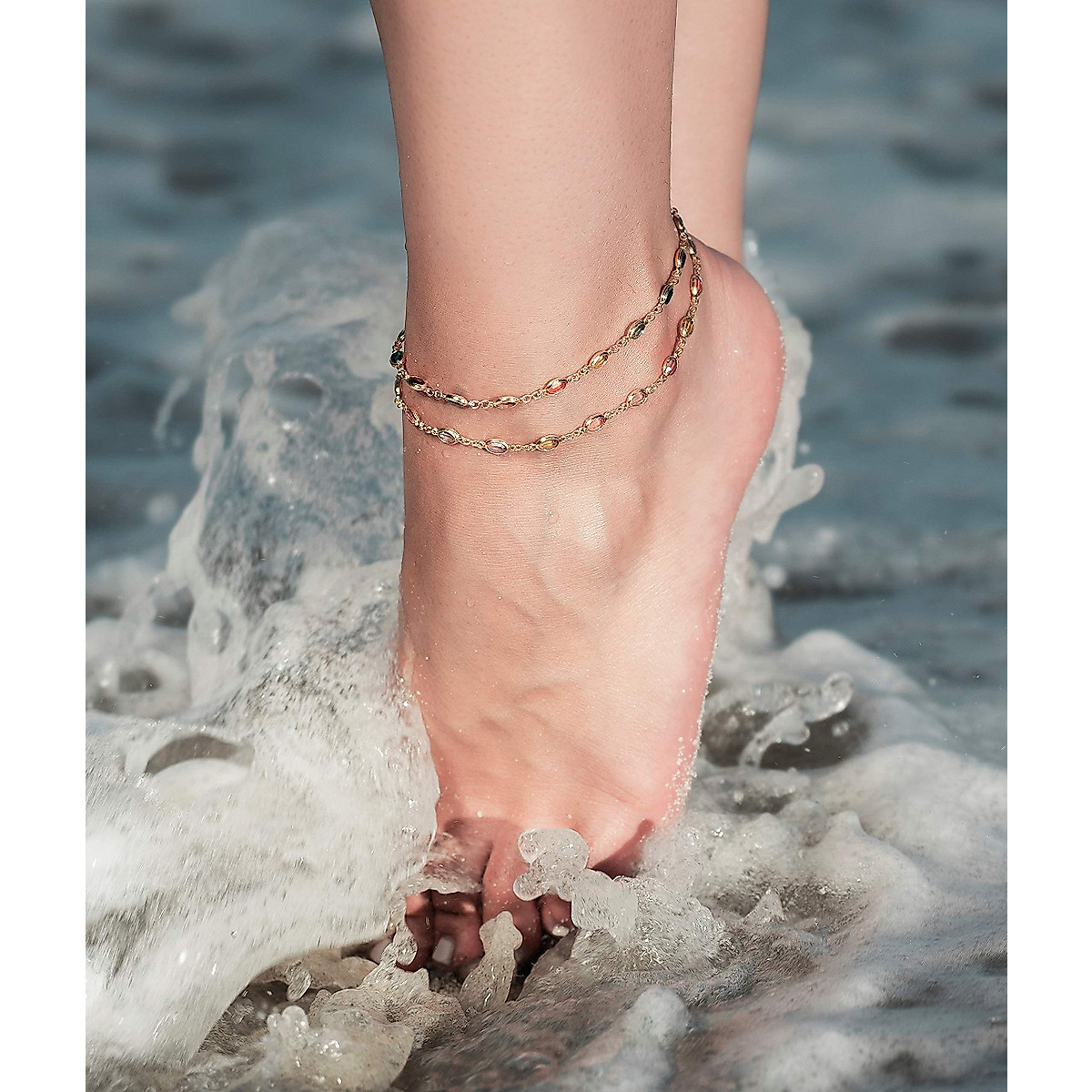 Barzel 18K Gold Plated Multi Color Crystal Baguette Anklet (Multicolor Dark Oval)