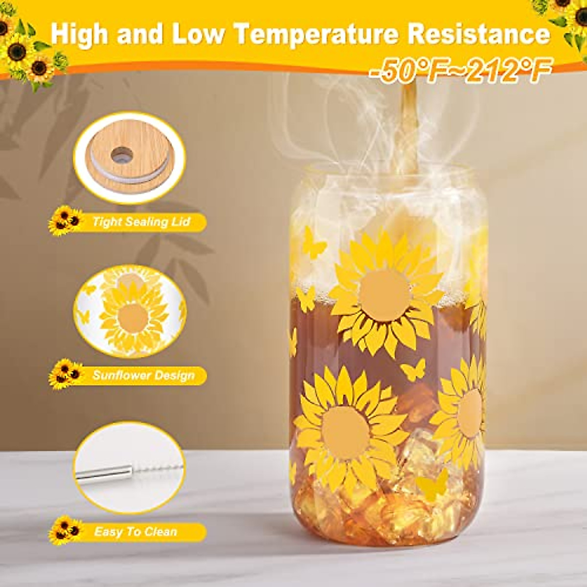 Lvoetgif Sunflower Gifts for Women, Iced Coffee Glass with Bamboo Lids and Straw, Beer Can Shaped Drinking Glass Cup, Inspirational Birthday Sunshine Christmas Gifts for Mom, Best Friend, Wife