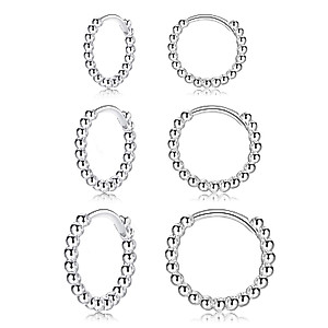 CERSLIMO Silver Hoop Earrings for Women| 3 Pairs Small Sterling Silver Post Beaded Huggie Earrings| Hypoallergenic Tiny Cartilage Sleeper Cuff Jewelry for Men Ladies, 8mm 10mm 12mm
