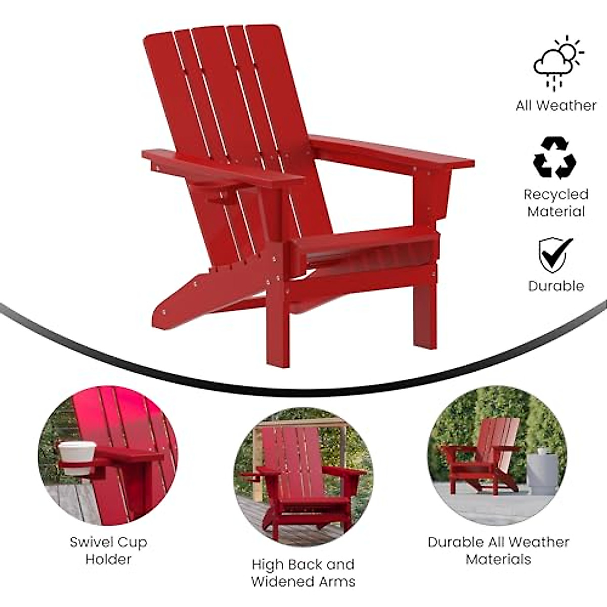 Flash Furniture Halifax Adirondack Chair with Cup Holder, Weather Resistant Poly Resin Adirondack Chair, Red