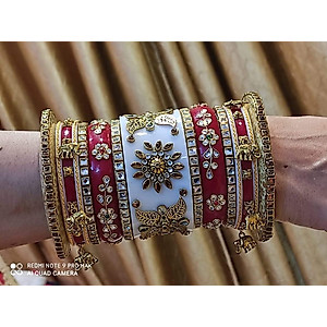 Alfatex Rajwadi Indian Red & White Suhag Chura Punjabi Style Hanging Metal Elephant Figure Bangles Set Pakistani Party Wear Eid Chuda Chooda Patla (Red & White, 2.6 Inches)