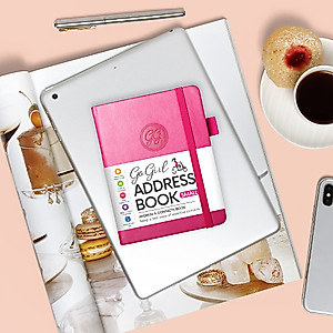 GoGirl Address Book – Telephone and Address Book with Alphabetic Tabs for Safely Storing Contacts, Small-Sized (4.0″ x 5.5″) PU Leather Hardcover – Hot Pink
