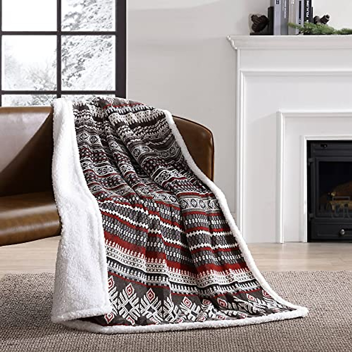 Eddie Bauer Ultra-Plush Collection Throw Blanket-Reversible Sherpa Fleece Cover, Soft & Cozy, Perfect for Bed or Couch, Sycamore Red/Charcoal/White