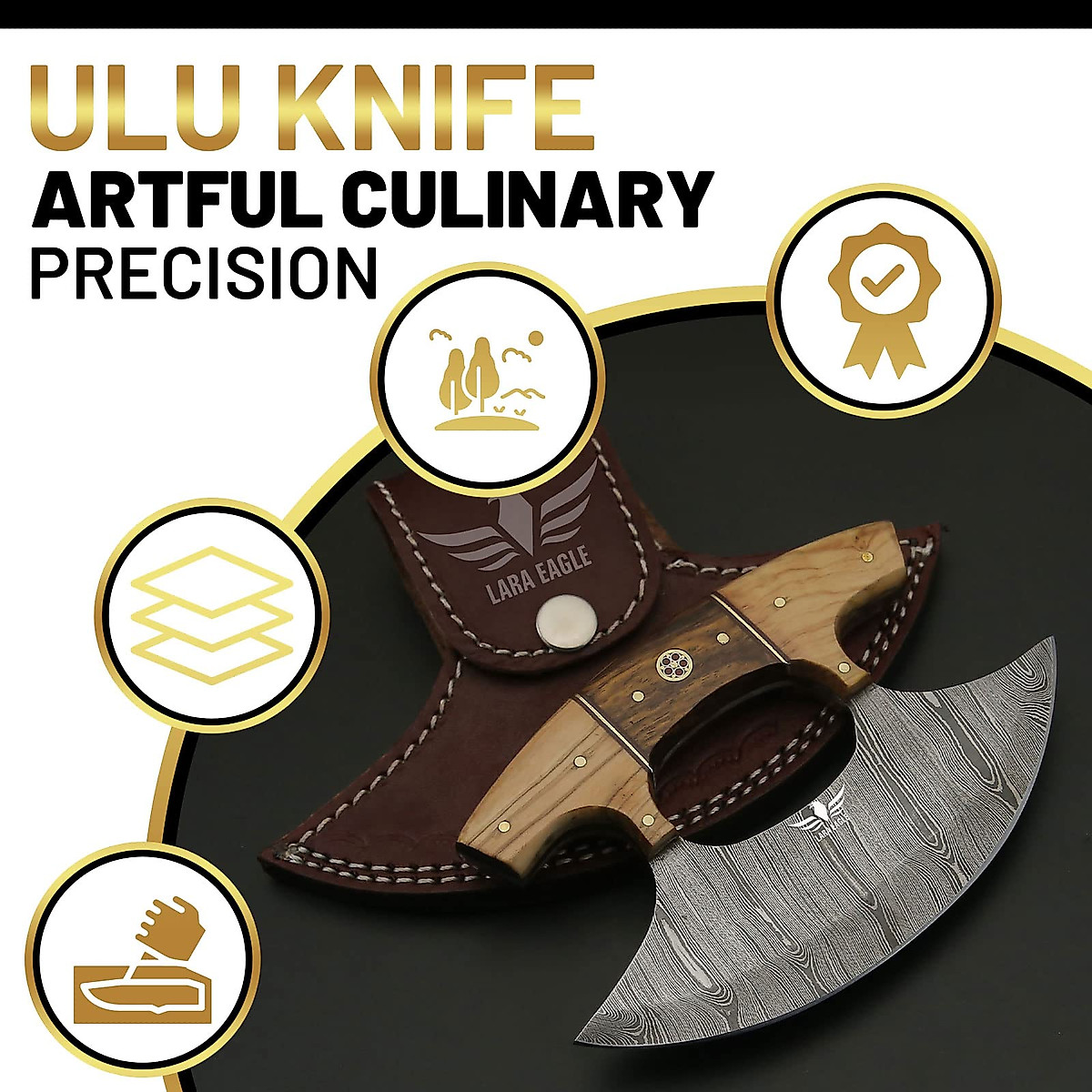 Lara Eagle Damascus Steel Ulu Knife, Celtic Knot Handle made of Exotic Rose Wood and Olive wood, 6 inch blade One-Handed Rocker Knife with Leather Sheath