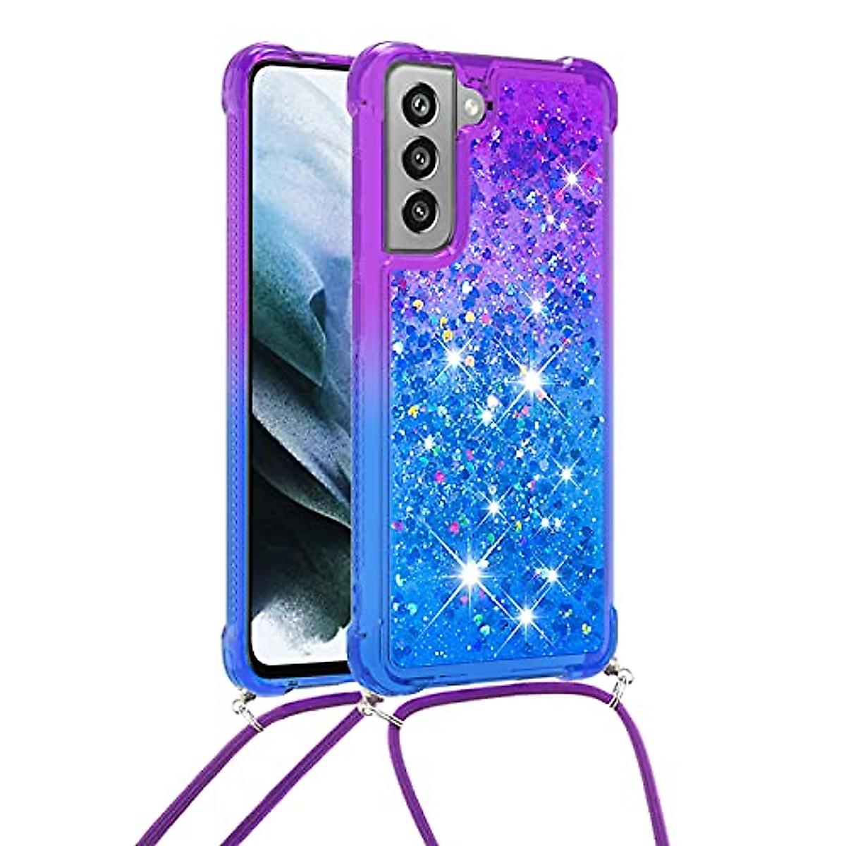 CCSmall Samsung Galaxy S21 FE (Not S21) Case,Strap Crossbody Gradient Quicksand Bling Sparkle Flowing Liquid Floating with Neck Cord Lanyard Strap Cover for Samsung Galaxy S21 FE LSGS Purple Navy