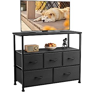 DUMOS TV Stand Dresser for Bedroom with 5 Fabric Drawer,Entertainment Center for 45 inch Television, Media Console Table with Storage, Open Shelf, Adjustable Feet, Living Room Furniture, Black