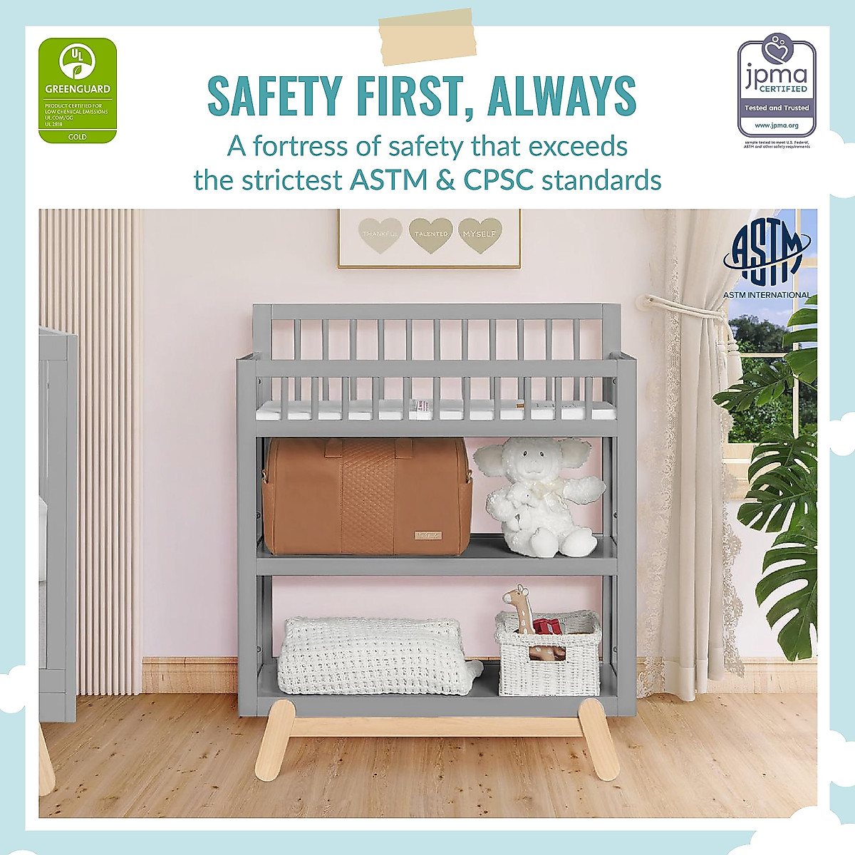 Dream On Me Hygge Changing Table in Pebble Grey Oak, Greenguard Gold & JPMA Certified, Comes with Safety Belts & 1” Changing Pad, Easy to Clean, Safe Wooden Furniture