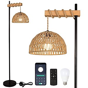Floor Lamp for Living Room with 3 Color Temperatures and Stepless Dimmer, Smart Floor Lamp with Remote Control & APP, Tall Standing Lamp with Rattan Lampshade, Farmhouse Floor Lamps for Bedroom Office