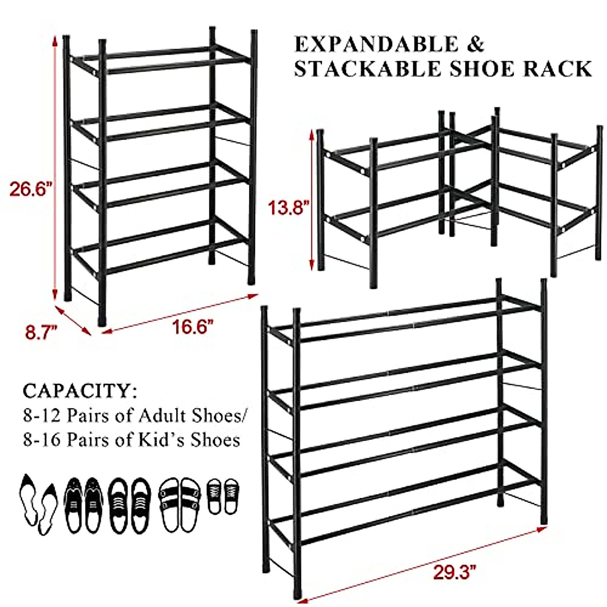 LNYZQUS 4-Tier Expandable Shoe Rack,Stackable Sturdy Shoe Shelf Shoes Stand,Metal Slim Closet Shoe Racks Organizer Adjustable Long Sneaker Rack For Closet Entryway-Black