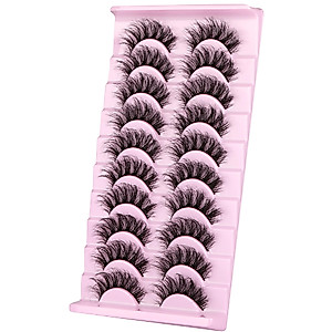 wiwoseo Mink Lashes Eyelashes Natural Fluffy Faux Mink Lashes 3D Thick Volume D Curl Wispy Eyelashes that Look Like Extensions Fake Eyelashes 10 Pairs Pack