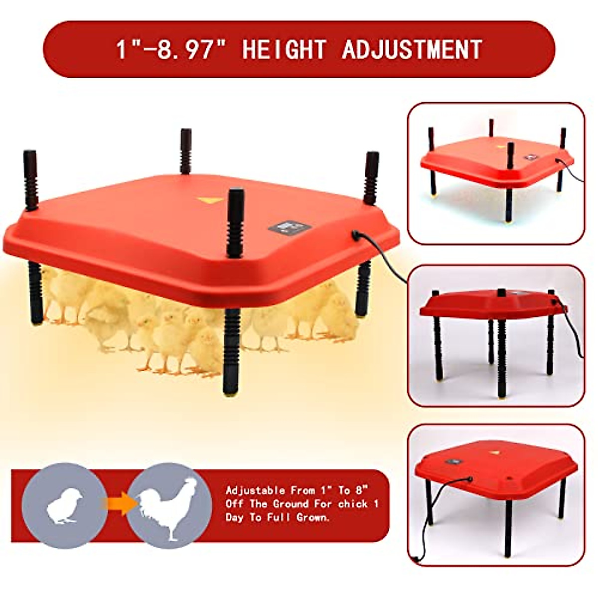 GIFANK Chicken Brooder Heating Plate for Chicks and Ducklings 16” x 16” Temperature Adjustable LED Display Adjustable Height,Safer Than Brooder Lamps Heater,Keeps Up to 30 Chicks Warm,42W