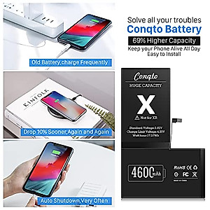 [4600mAh] Battery for iPhone X, (2023 New Version)Conqto New Upgrade 0 Cycle Ultra High Capacity Battery Replacement for iPhone X Model A1865, A1901, A1902 with Full Set Professional Repair Tool Kits