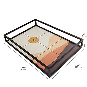 Modern Elegant Decorative Art Design Ottoman Tray with Handles for Coffee Table. Rectangle Living Room Kitchen Serving Tray with Metal Structure and Handles Designed with Ceramic Style. (Black)