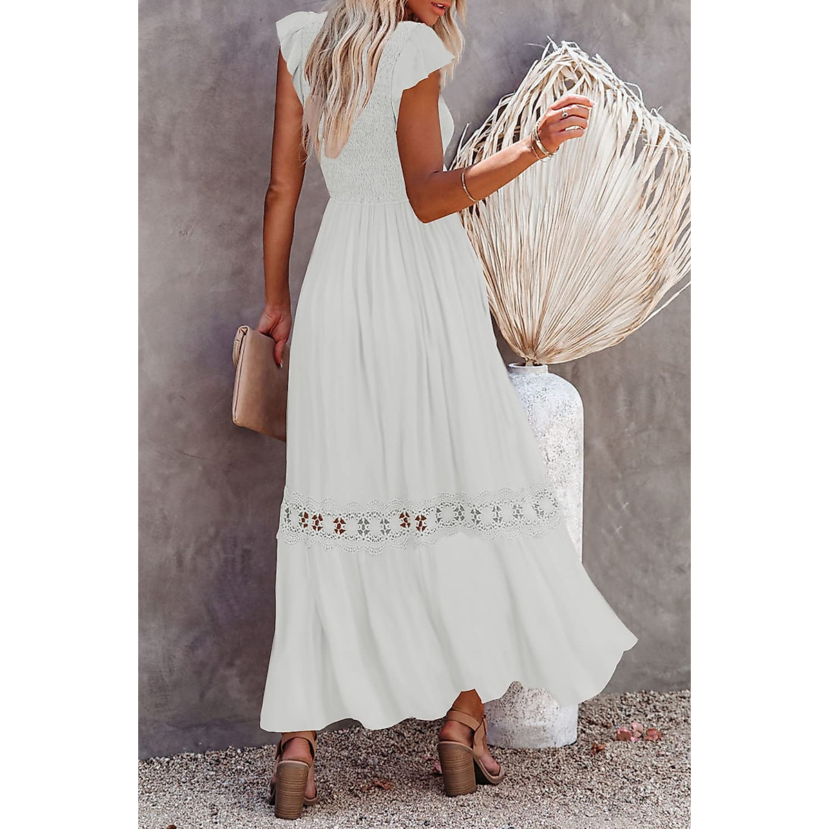 Ferlema Womens Summer Boho V Neck Sleeveless Solid Color Crochet Hem Ruffle A Line Beach Long Maxi Dress White Medium