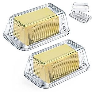 ZEAYEA 2 Pack Glass Butter Dish with Lid, Glass Butter Keeper, 100% Food Safe Clear Butter Serving Dish with Cover for Cream Cheese, Cake, Salad, Candy, Hold 2 Standard Stick Butter