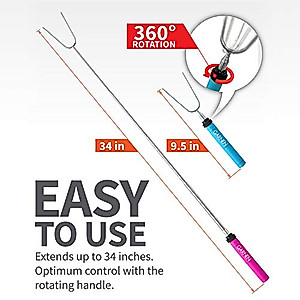 Garnen BBQ Marshmallow Roasting Smores Sticks with Pouch (8 Packs), 34 inch Extendable Rotating Stainless Steel Skewer Fork with Plastic Handle for Kids Camping Grill Campfire Firepit