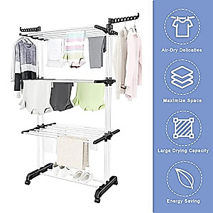 Clothes Drying Rack, 4-Tier Oversize Collapsible Clothes Drying Rack,Stainless Steel Laundry Garment Dryer Stand Stainless Steel Free-Standing Laundry Stand for Towels, Clothes, Shoes, Black & White
