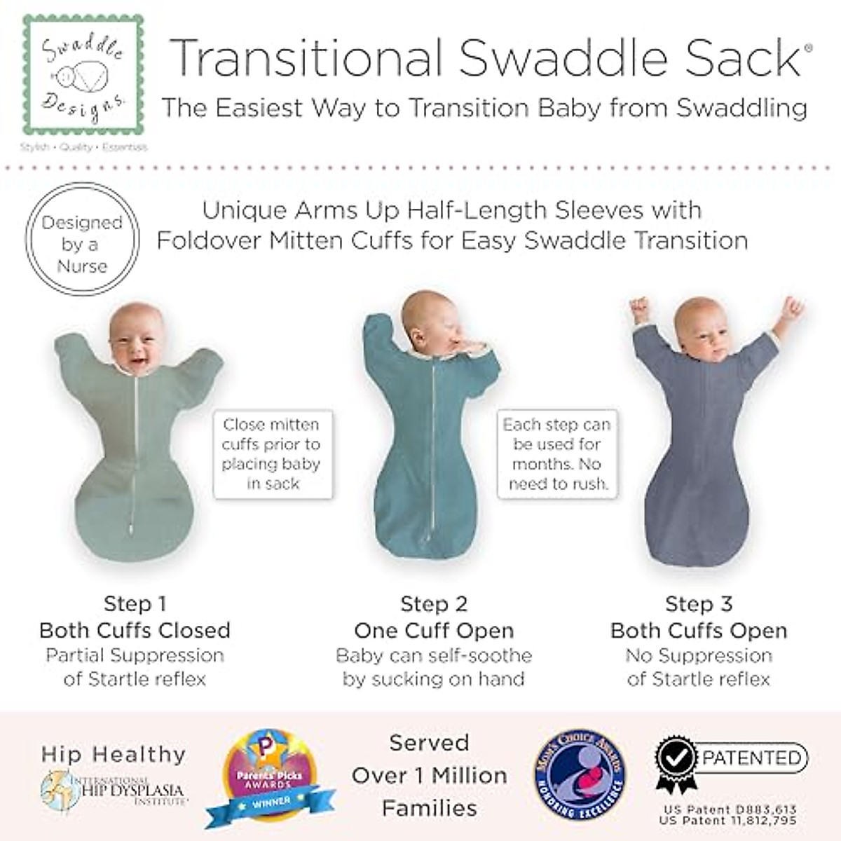 SwaddleDesigns Transitional Swaddle Sack, Arms Up Half-Length Sleeves & Mitten Cuffs, Swaddle for Newborn Transition to Baby Sleep Sack Wearable Blanket, Small, 0-3 month, 6-14 lb, Blue Tiny Triangles