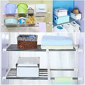 BAOYOUNI Expandable Closet Tension Shelf Storage Rack Heavy Duty Stainless Steel Adjustable Metal Organizer for Wardrobe, Cupboard, Kitchen, Bathroom Use, 19.68-31.49 Inch