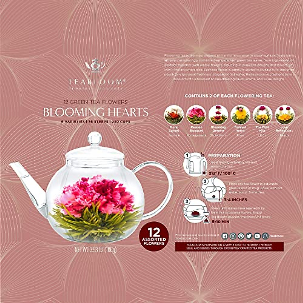 Teabloom Heart-Shaped Flowering Teas – 12 Assorted Blooming Tea Flowers – Green Tea + Jasmine, Pomegranate, Strawberry, Rose, Litchi & Peach