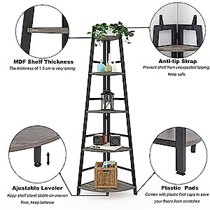 BON AUGURE Rustic Tall Corner Bookshelf, 5 Tier Wood and Black Metal Corner Ladder Shelf, Industrial Corner Bookcase and Gray Corner Shelf for Living Room, Bathroom, Kitchen (Dark Gray Oak)