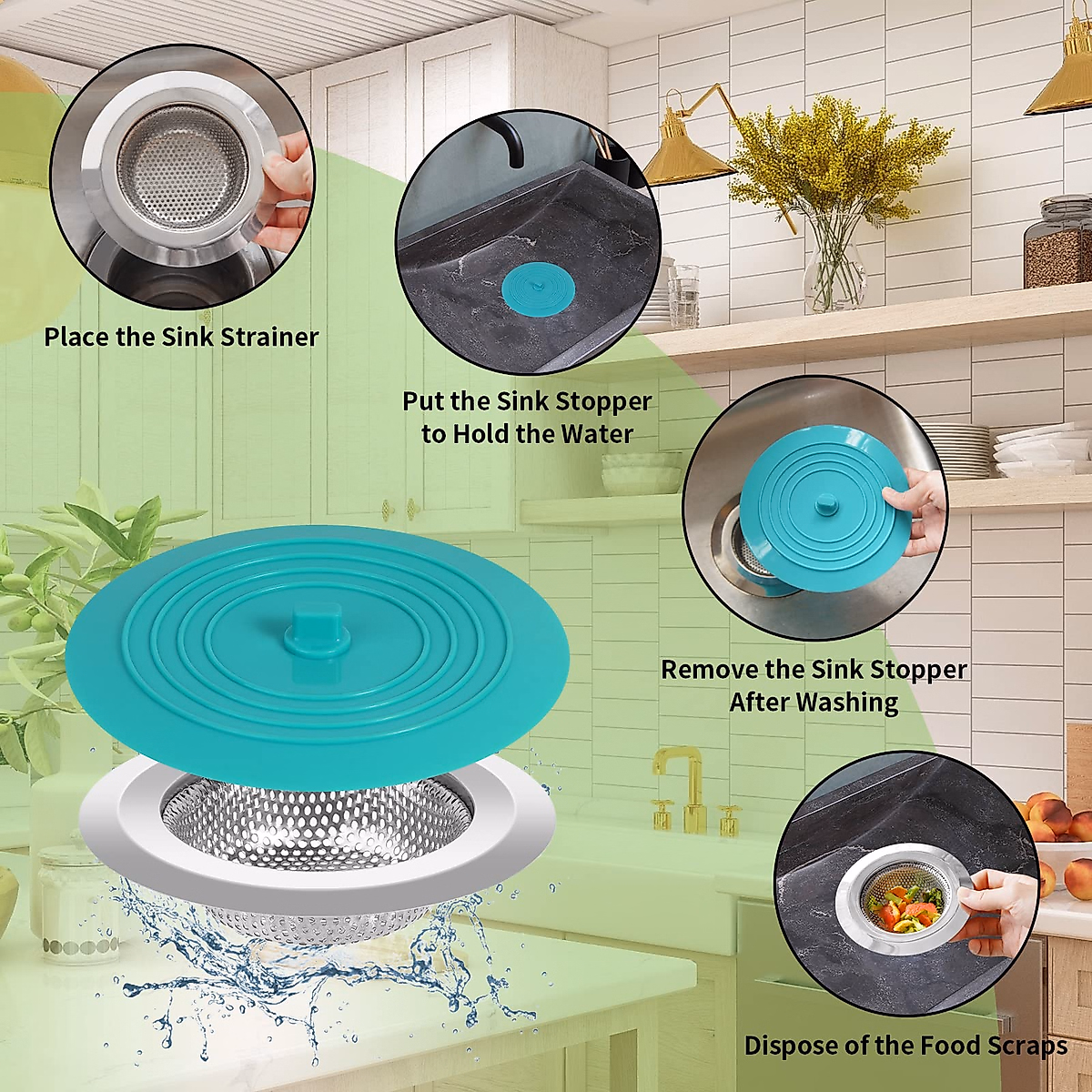 Kitchen Sink Strainer Sink Stopper - tifanso 2 PCS Sink Strainer Stopper Kit, Universal Silicone Drain Cover, 4.5 Inch Stainless Steel Sink Drain Strainer, Food Catcher for Kitchen Sink