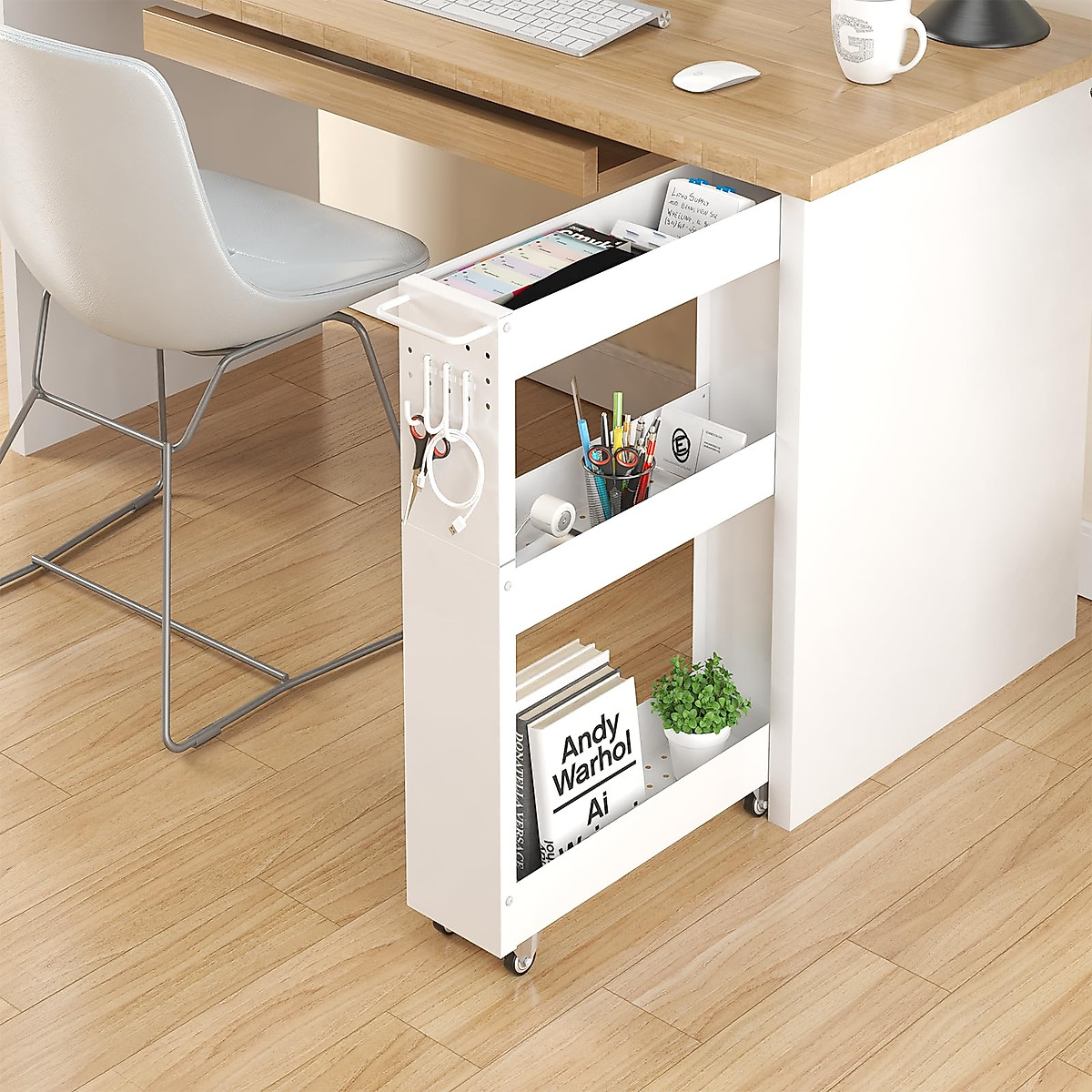 XYZLVSI Slim Storage Cart, 5 in Width, 3-Tier White Rolling Cart with Handle for Kitchen Bathroom Laundry Narrow Places