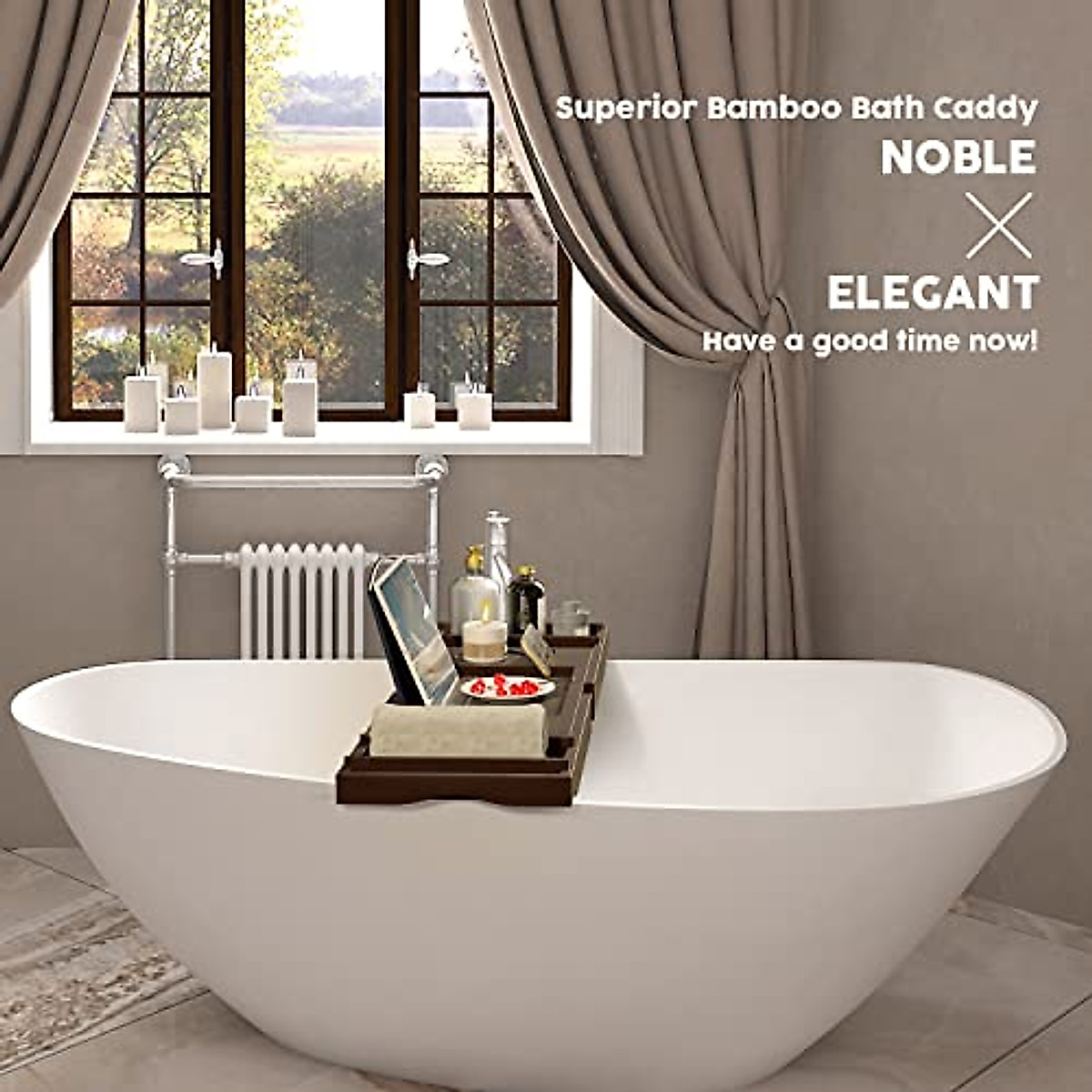 Bathtub Caddy Tray - Luxury Bath Tray for Tub - Adjustable Bamboo Bath Table - Bath Board over Tub, Spa Accessories Organizer with Free Soap Dish & Bath Glove - Gift Choice Fits All Occasions (Walnut)