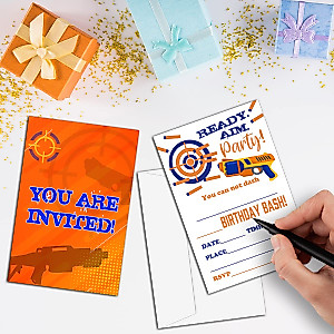 NYCTUG Blaster Gun Birthday Invitation(4" X 6"), Dart War Party Double-Sided Invites- 20 Invitations With Envelopes-Personalized Party Supplies-A26