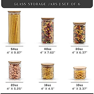 JoyJolt Borosilicate Glass Jars With Bamboo Lids. 6 Pc Set of Air Tight Sealable Containers. Food Jar Canisters with Airtight Lid for Pantry Storage and Kitchen Organization.