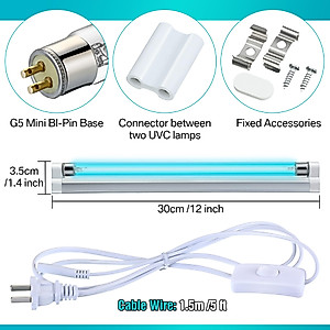Qualirey UV Light with Ozone, Double Germicidal, 110V UVC Germicidal Lamp with ON/Off Switch Cord and Plug, 254nm Wavelength UVC Light with Connector and Screw Tools for Closet Shoe Cabinet(8 W)