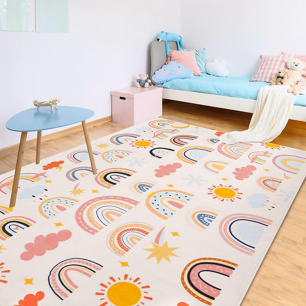 LTKOUGFAM Soft Kids Area Rug, Large Washable Space Mat, Non-Slip Cute Rainbow Weather Baby Crawling Floor Mat for Living Room Playroom Classroom Bathroom (59" x 39" S)
