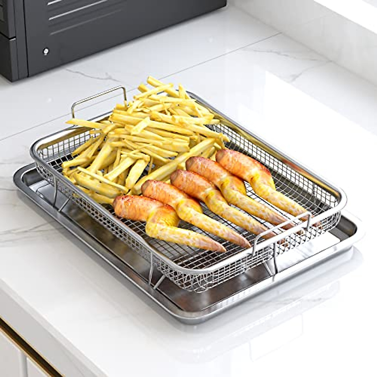 Air Fryer Basket for Oven,12.8x9.6 Inch Stainless Steel Crisper Tray and Pan, Deluxe Air Fry in Your Oven, 2-Piece Set, Baking Pan Perfect for the Grill