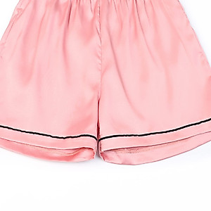 QPANCY Unisex Satin Pajamas Set Short Sleeve 2 Piece Sleepwear Button-Down Kids Nightwear Little Girls Boys Rose Silk Pjs Size 6 7