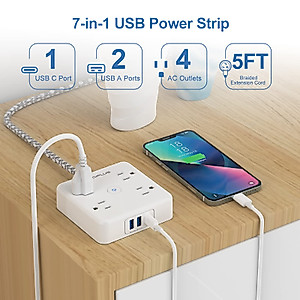 AUOPLUS Surge Protector Power Strip - 4 Widely Outlets with 3 USB Ports(1 USB C Outlet/PD 20W), Outlet Extender with 5FT Braided Extension Cord, Wall Mount for Travel Home Office, Dorm Essentials